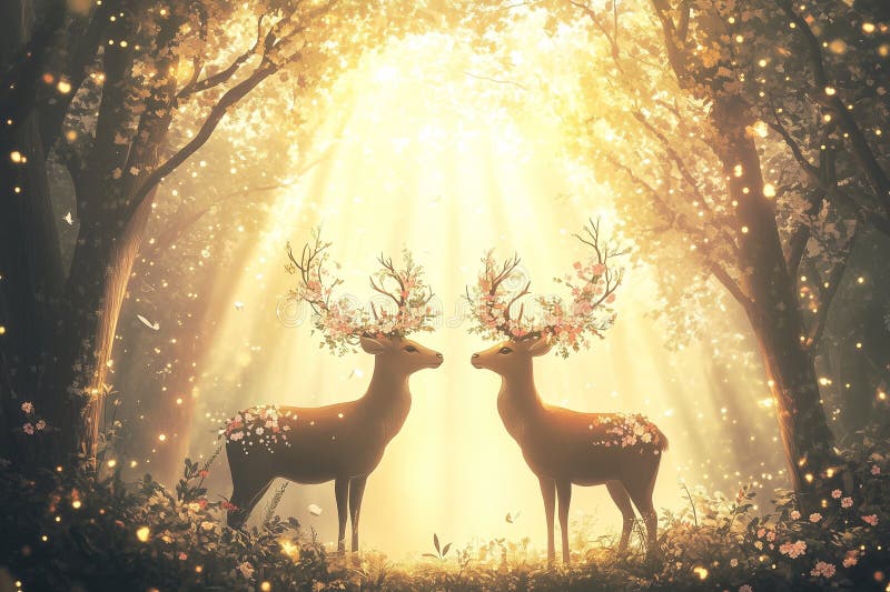 Two Deer with Antlers Made of Branches in a Sunlit Forest during Spring ...