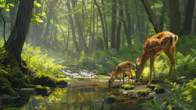 Two Deer are Drinking from a Stream in a Lush Green Forest Stock ...