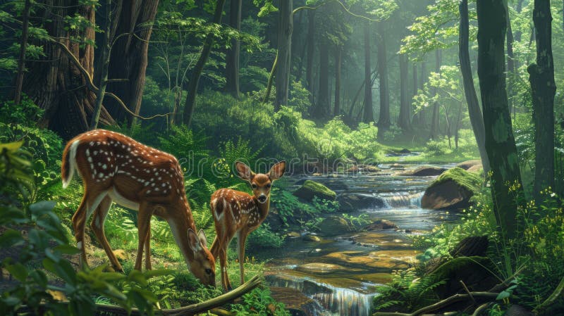 Two Deer are Drinking from a Stream in a Lush Green Forest Stock ...