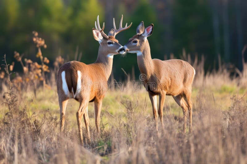 Two Deer Grazing Close To Each Other in a Field Stock Image - Image of ...