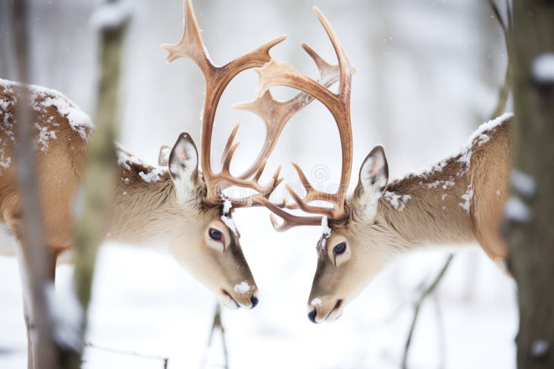 Two Deer Locking Antlers Gently in Snowfall Stock Illustration ...