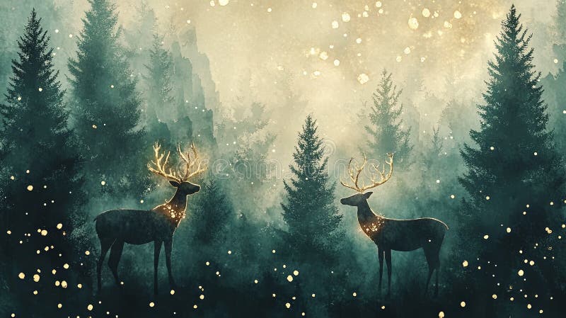 Two Deer Standing in a Forest with Glowing Antlers Picture Stock ...