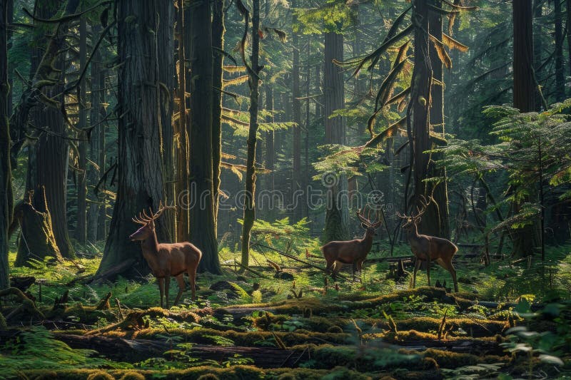 Two Deer Standing in the Forest Surrounded by Trees and Foliage Stock ...