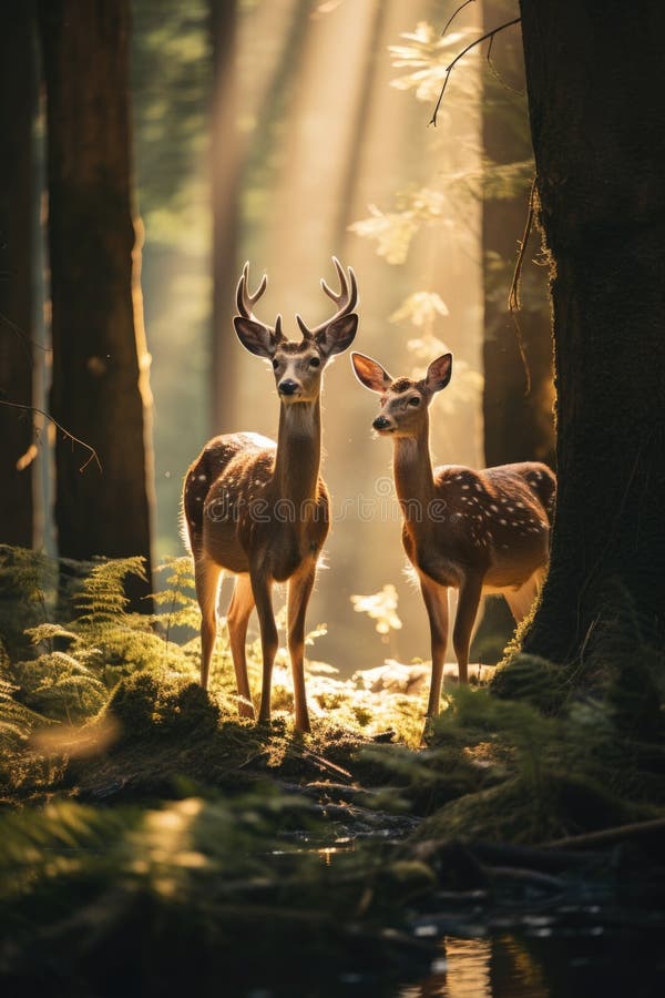 Two Deer Standing Next To Each Other in a Forest Stock Image - Image of ...