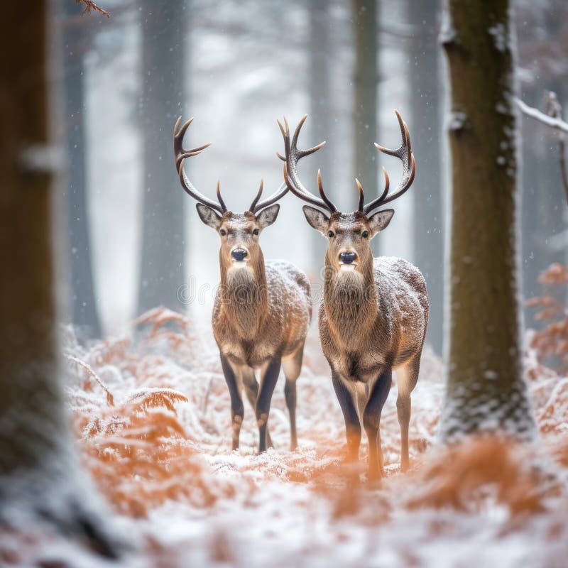 Two Deer Standing in a Snowy Forest Stock Illustration - Illustration ...