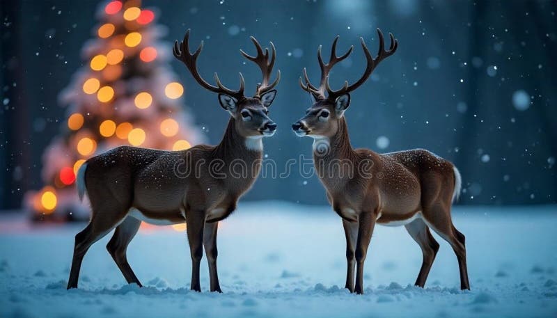 Two Deer Standing in a Snowy Landscape at Night, with a Starry Sky and ...
