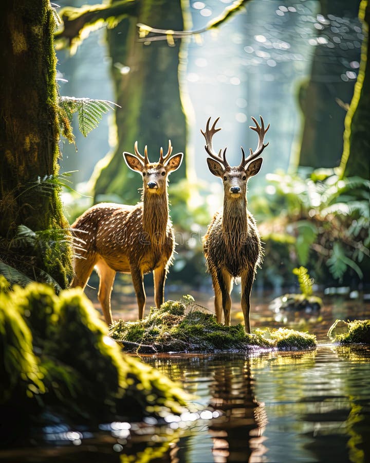 Two Deer Standing Together in a Forest Stock Image - Image of pair ...