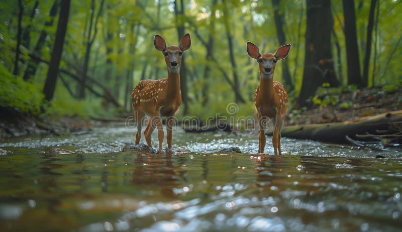 Two Deer in Stream Surrounded by Nature and Plants in the Woods Stock ...