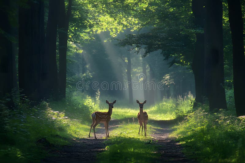 Two Deer in a Sunlit Forest Path Stock Illustration - Illustration of ...