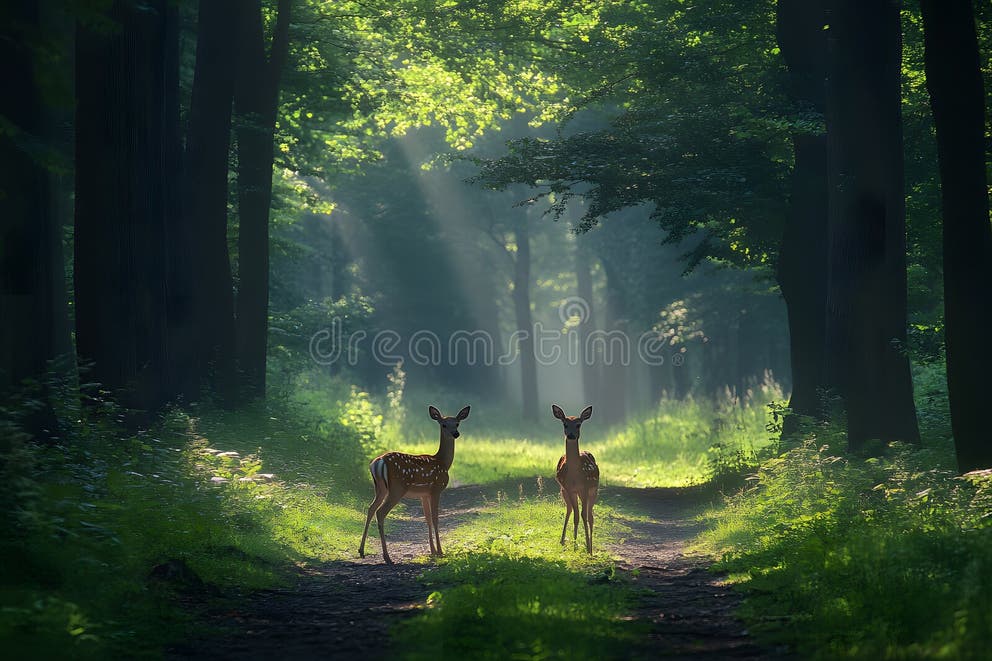Two Deer in a Sunlit Forest Path Stock Illustration - Illustration of ...