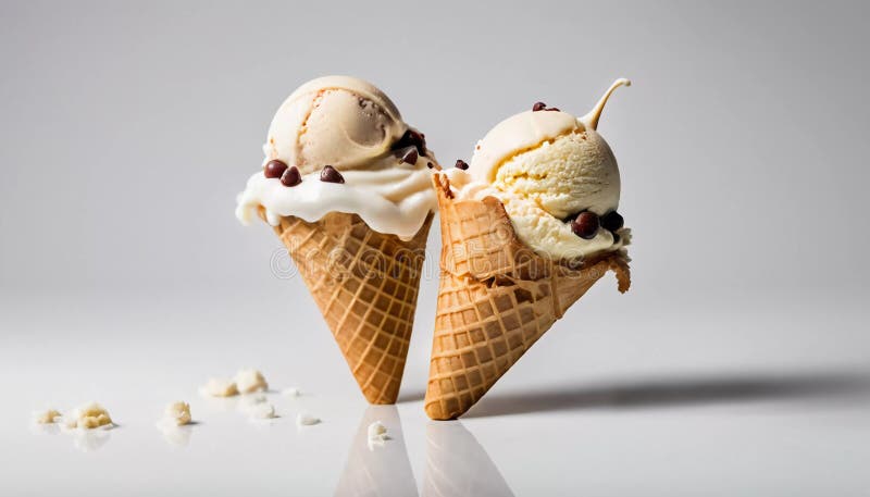 Two Delectable Ice Cream Cornets Stand Side by Side, Each Topped with ...
