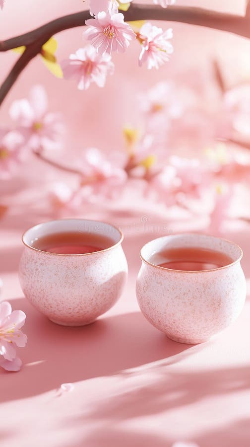 Two Delicate Cups of Tea are Placed Amid Pink Cherry Blossoms, Creating ...