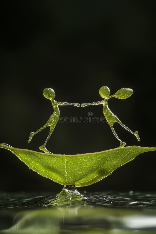 Tiny Humanoid Water Droplets Dance on a Green Leaf at Twilight Stock ...
