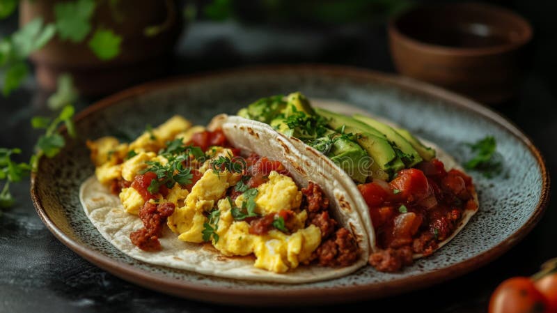 Two Delicious Breakfast Tacos with Scrambled Eggs Chorizo and Avocado Stock Illustration ...