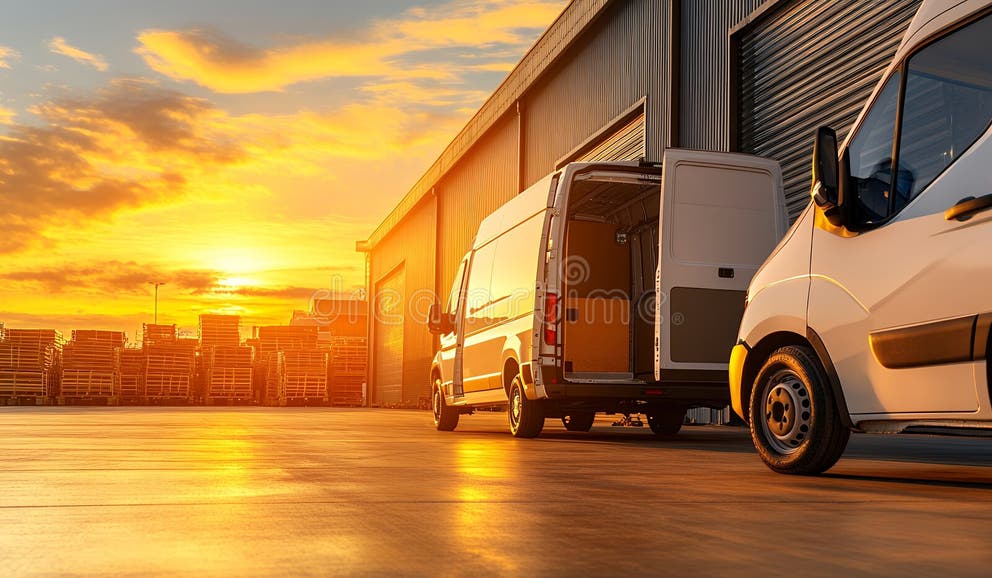 Two Delivery Vans Parked at a Warehouse Loading Dock at Sunset, Ready ...