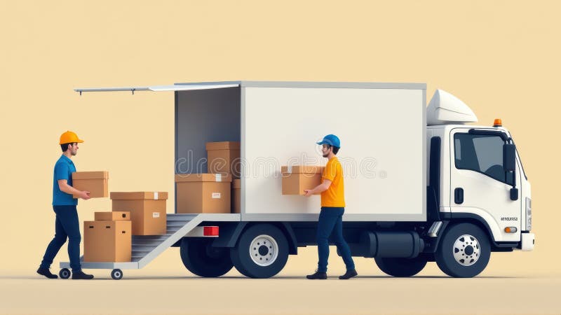 Two Delivery Workers Loading Cardboard Boxes into a Truck Stock ...