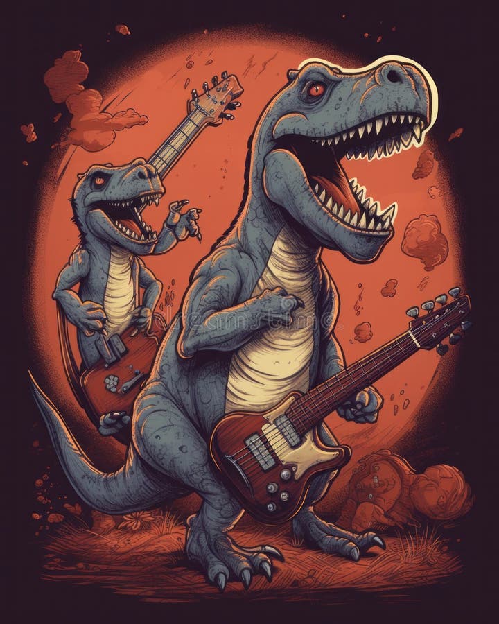 Two Designer Dinosaur Playing Guitar Generative AI Stock Illustration ...