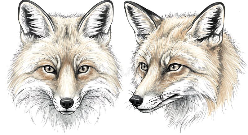 Two Detailed Fox Illustrations, Showcasing the Animals from Front and ...