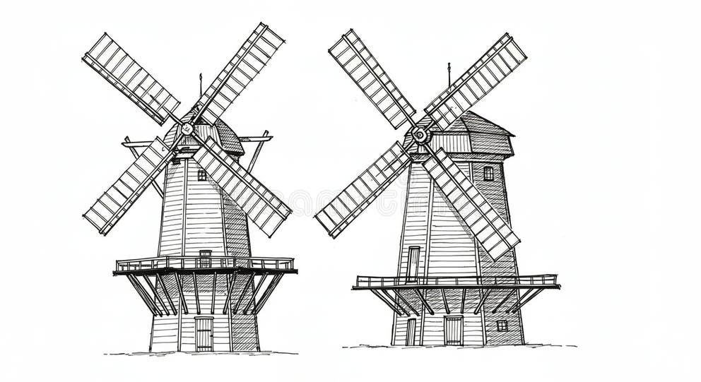 Two Detailed Windmill Illustrations with Large, Rectangular Sails and ...