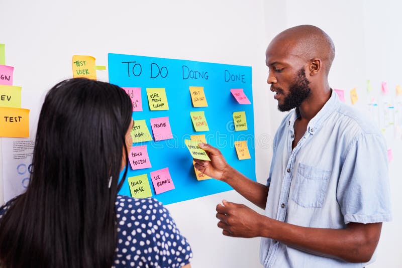 Two Developers Move Tickets on Scrum Board during Sprint Planning Stock ...