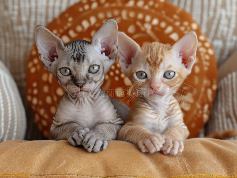 Two Devon Rex Kittens are Sitting on the Couch and Looking at the Camera. Stock Photo - Image of ...
