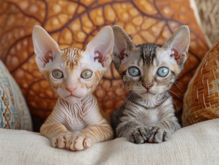 Two Devon Rex Kittens are Sitting on the Couch and Looking at the Camera. Stock Photo - Image of ...