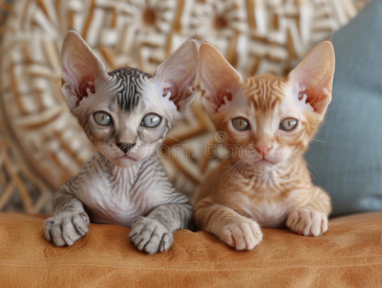 Two Devon Rex Kittens are Sitting on the Couch and Looking at the Camera. Stock Photo - Image of ...