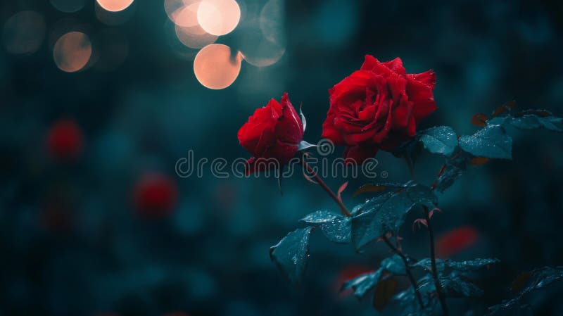 Two Dew Kissed Red Roses Bloom Darkly Stock Illustration - Illustration ...