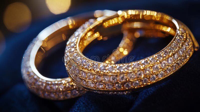 Two Diamond-Encrusted Gold Rings Close-Up Stock Illustration ...