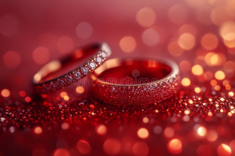 Two Diamond Rings Rest on a Red Glitter Background Stock Illustration ...