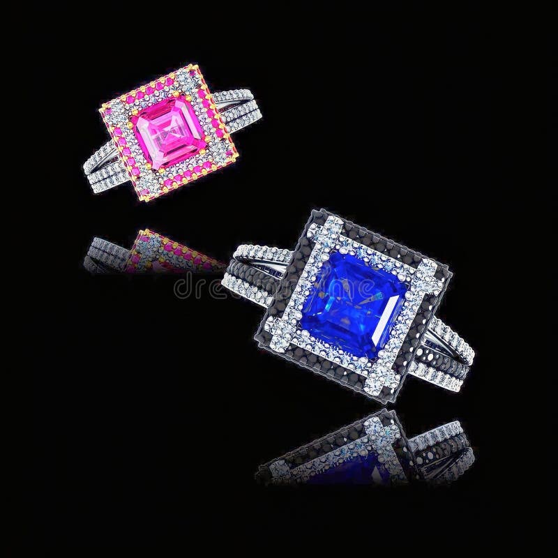 Two Diamond Rings with Square Gemstones, One Pink and One Blue, are ...