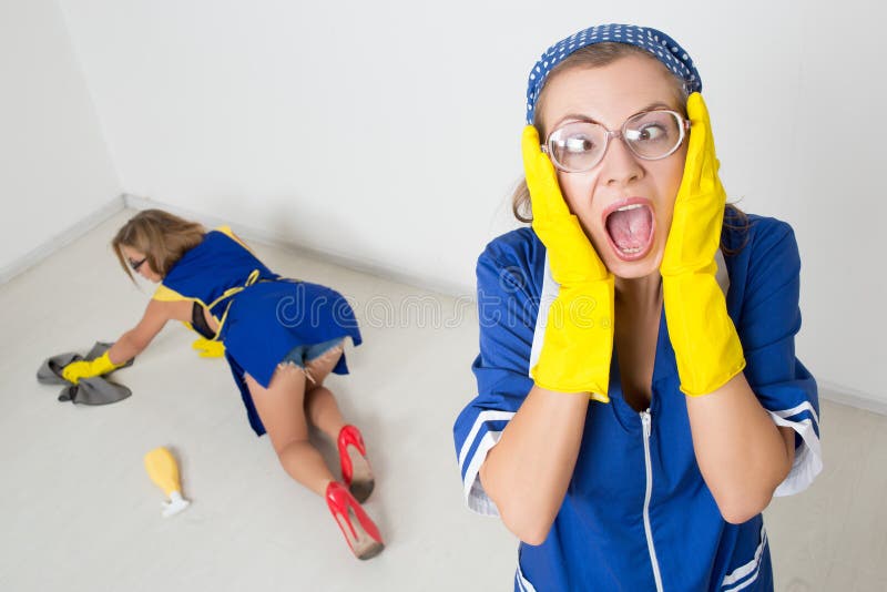 Two Different Cleaners Compete. Poor Staff Stock Photo - Image of ...