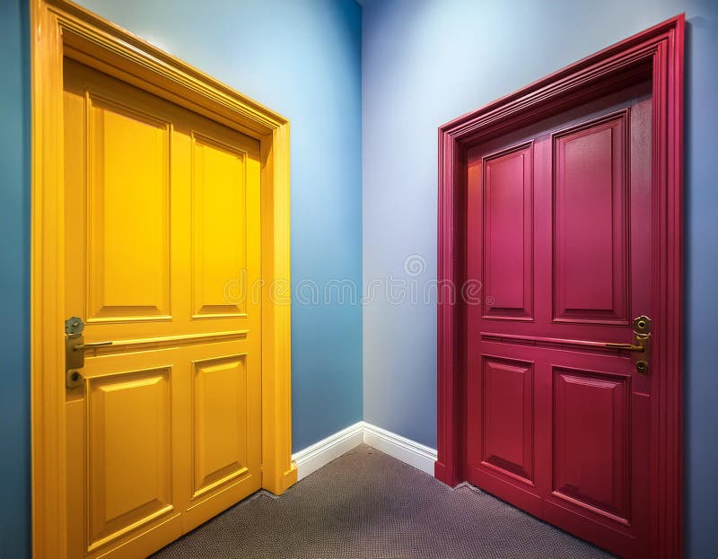 Two Different Colored Doors Open in a Hallway Stock Illustration ...
