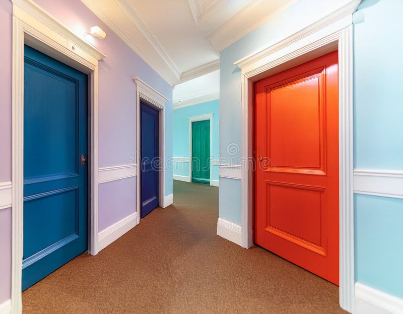 Two Different Colored Doors Open in a Hallway Stock Illustration ...