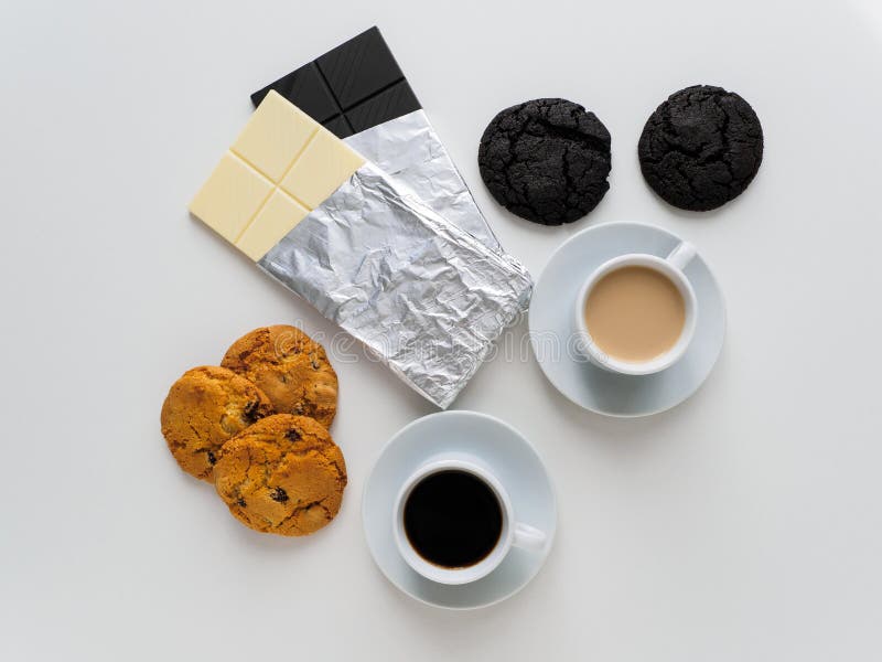 Two Different Cups of Coffee. Cookies and Chocolate Stock Photo - Image ...