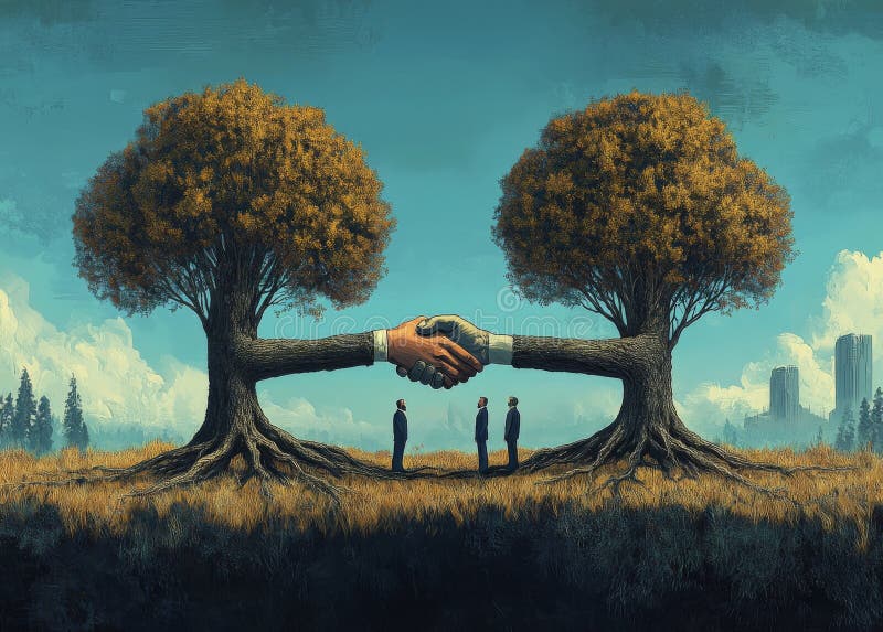 Two Different Groups Uniting with a Handshake, Depicted As Trees with ...