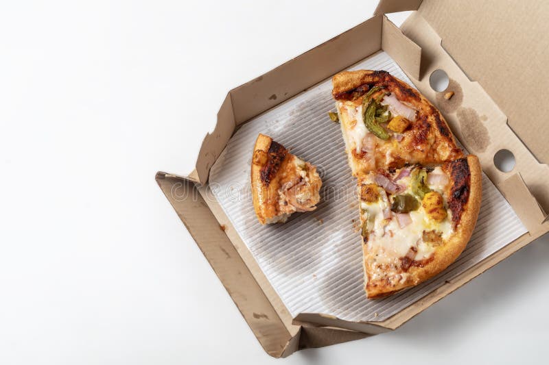 Two Different Leftover Pizza in Open Cardboard Box Isolated on White ...
