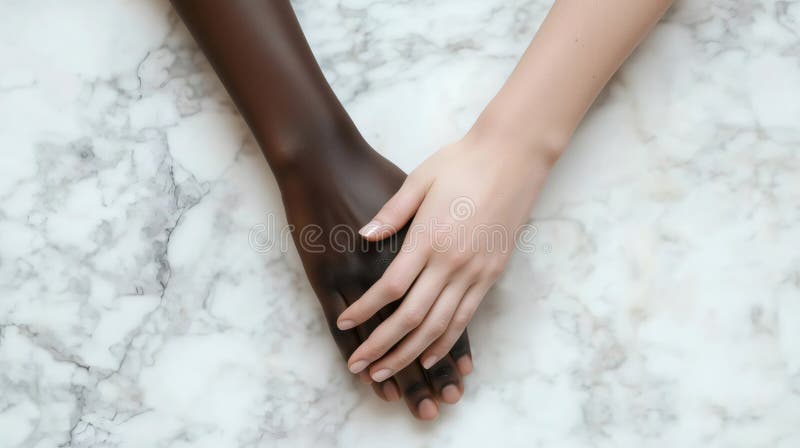 Two Different People Holding Hands on a Marble Table Promoting Equality ...