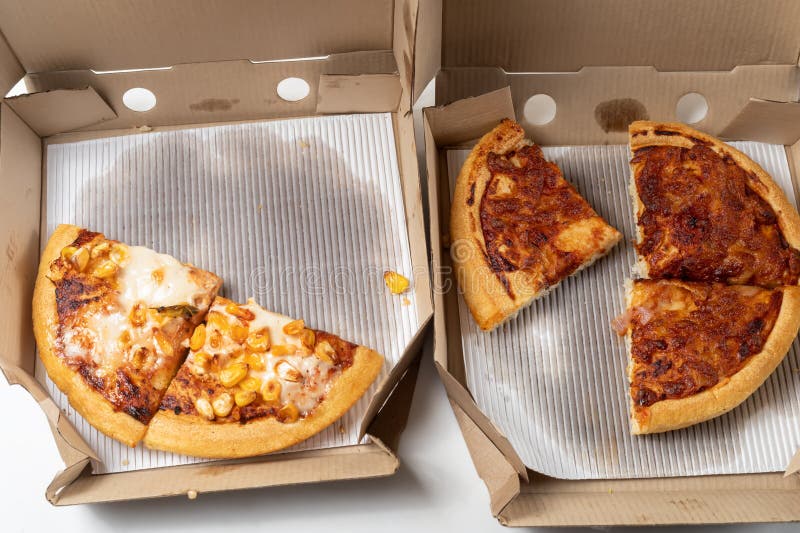 Two Different Pizza Slices in a Cardboard Box. Pizza Delivery. Top View ...