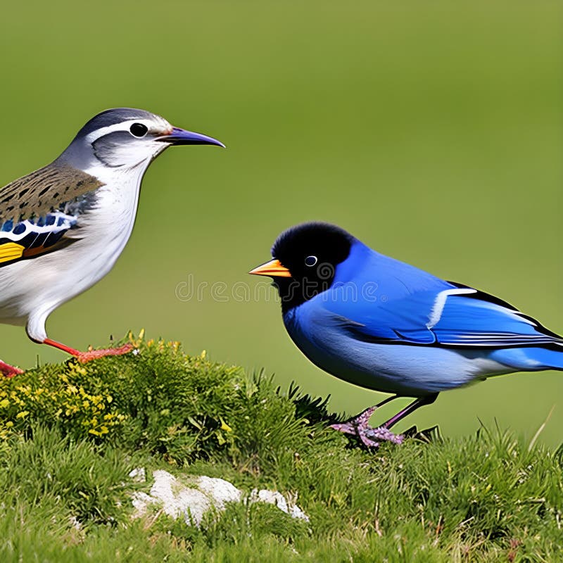 Two Different Species of Birds Walk on the Ground among the Grass with ...