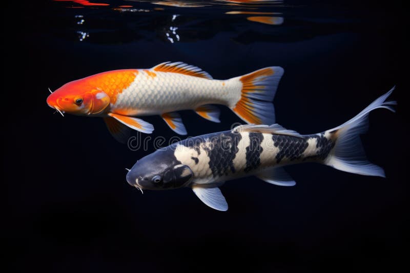 Two Differently Colored Koi Fish Swimming in Separate Directions Stock ...