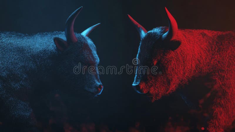 Two Digital Bulls Facing Each Other in Red and Blue Stock Illustration ...