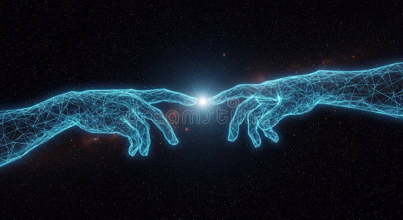 Two Digital Hands Composed of Glowing Blue Lines Reaching Towards Each ...