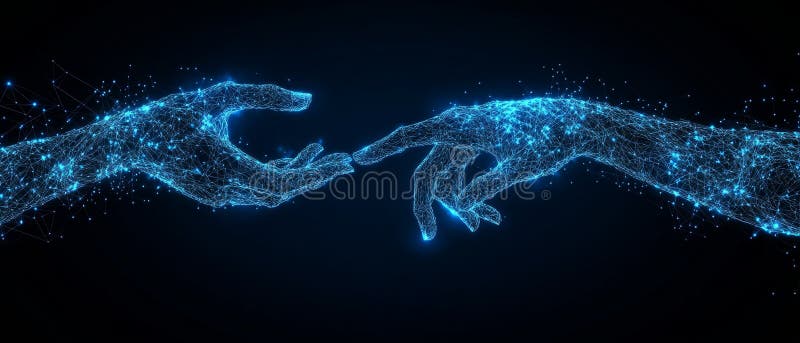 Two Digital Hands, Composed of Glowing Particles, Extend Toward One ...