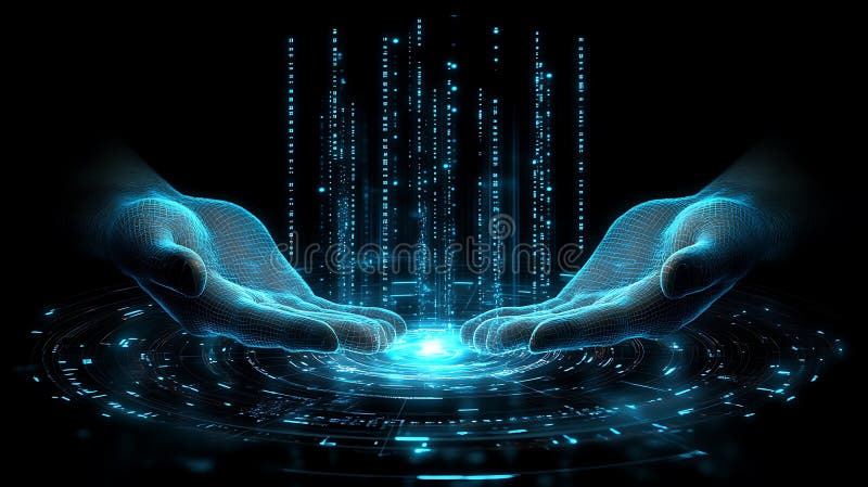 Two Digital Hands Embracing Abstract Data and Information on Black ...