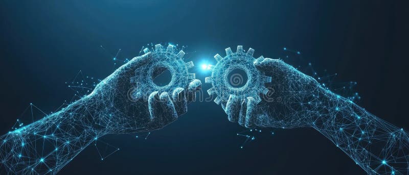Two Digital Hands Holding Gears that Mesh Together, with a Glowing ...