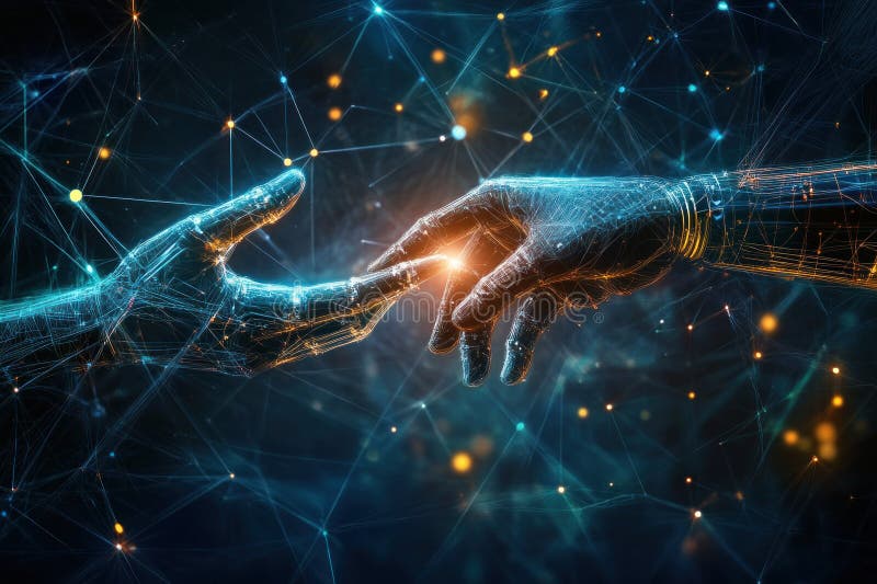 Two Digital Hands Reaching Out in a Network of Glowing Connections ...