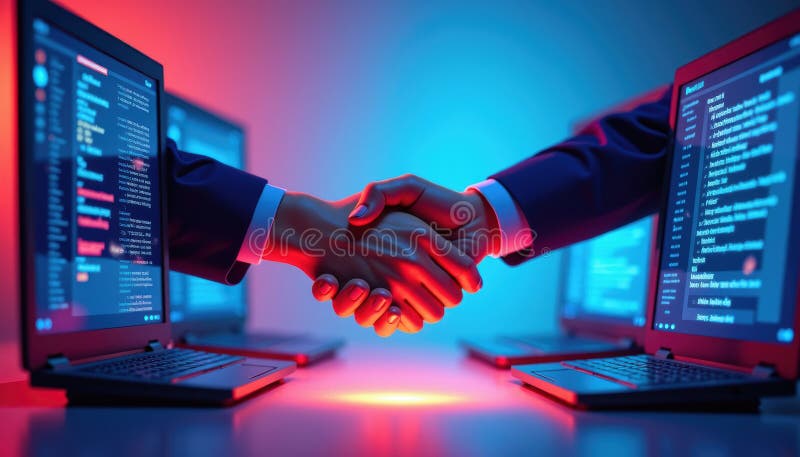 Two Digital Hands Shaking Over Computer Screens Symbolize Virtual ...