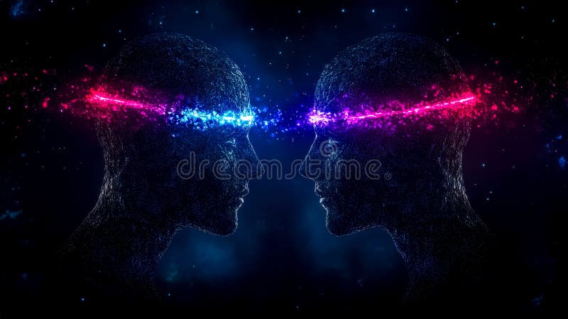Two Digital Heads Sharing Thoughts through a Glowing Bridge of Light ...