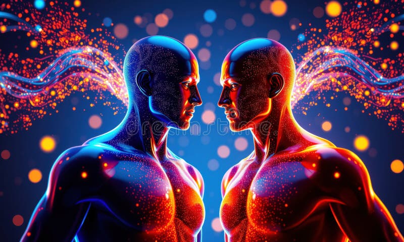 Two Digital Human Figures Face Each Other, Surrounded by Vibrant Colors ...